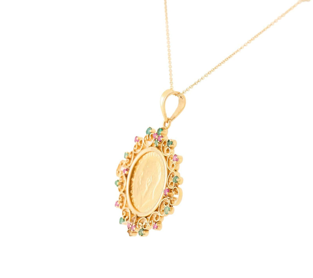 1915 British Gold Sovereign Coin in Emerald & Ruby Frame Pendant Neckl ...